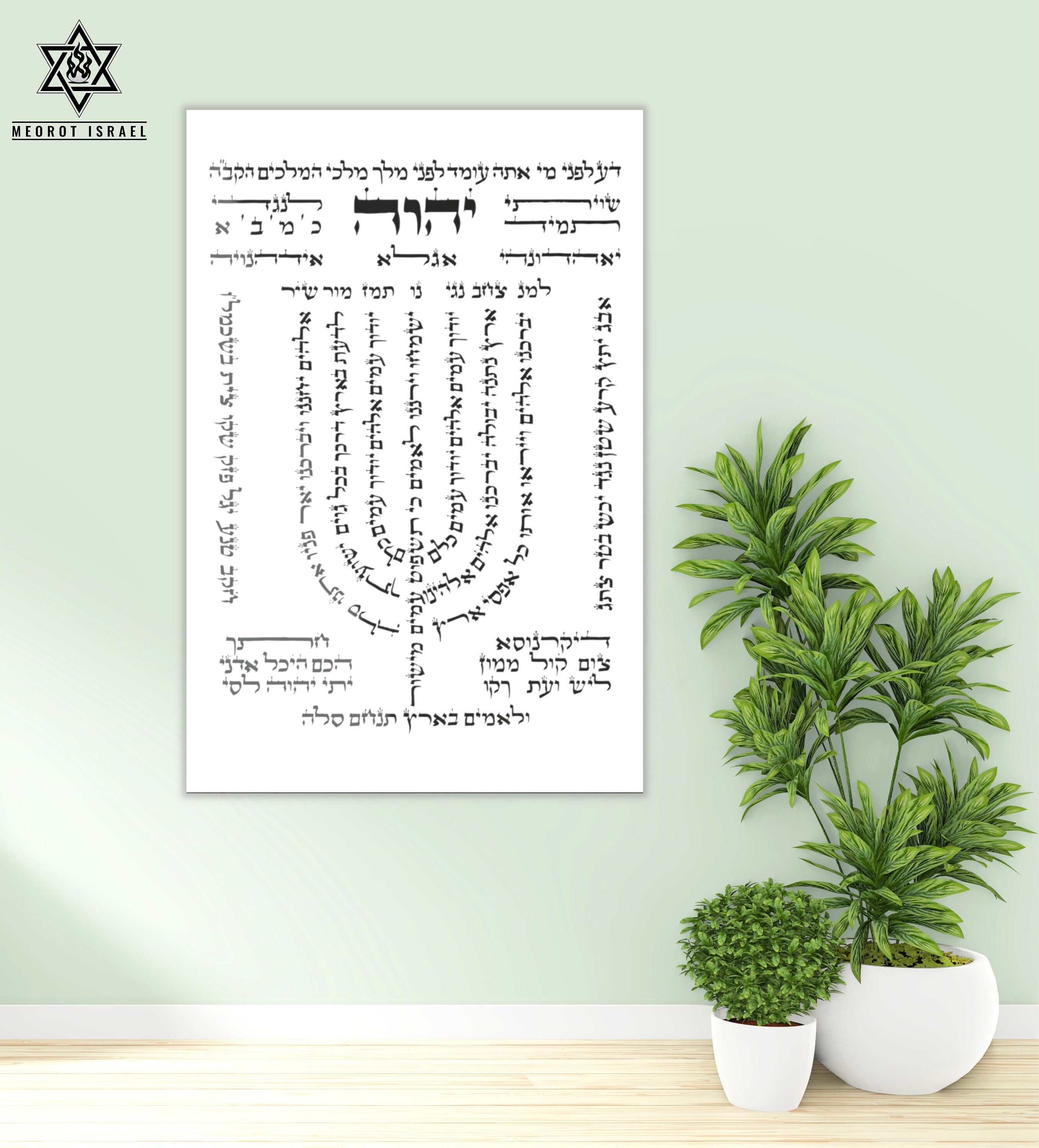 Shiviti, Lamnatzeach B'neginot Menorah Shape, Glossy Acrylic, Jewish ...