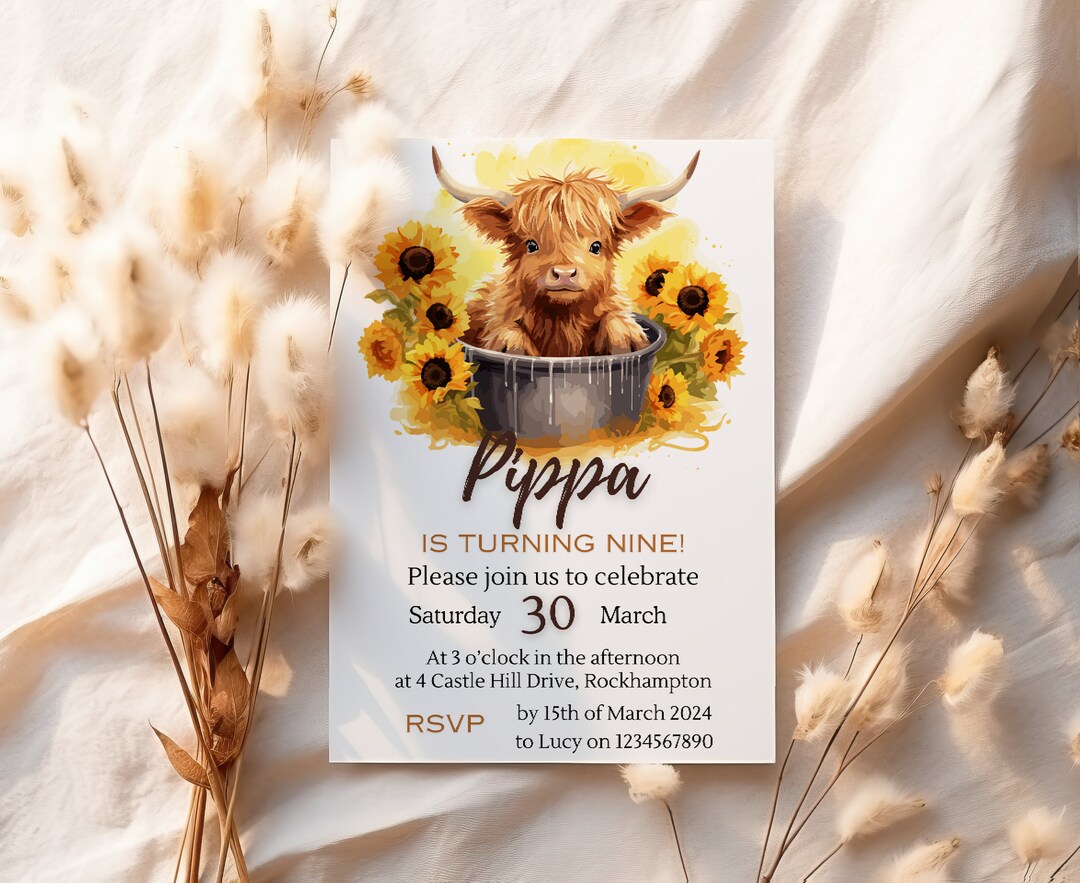 EDITABLE Highland Cow Birthday Party Invitation, Highland Cow and ...