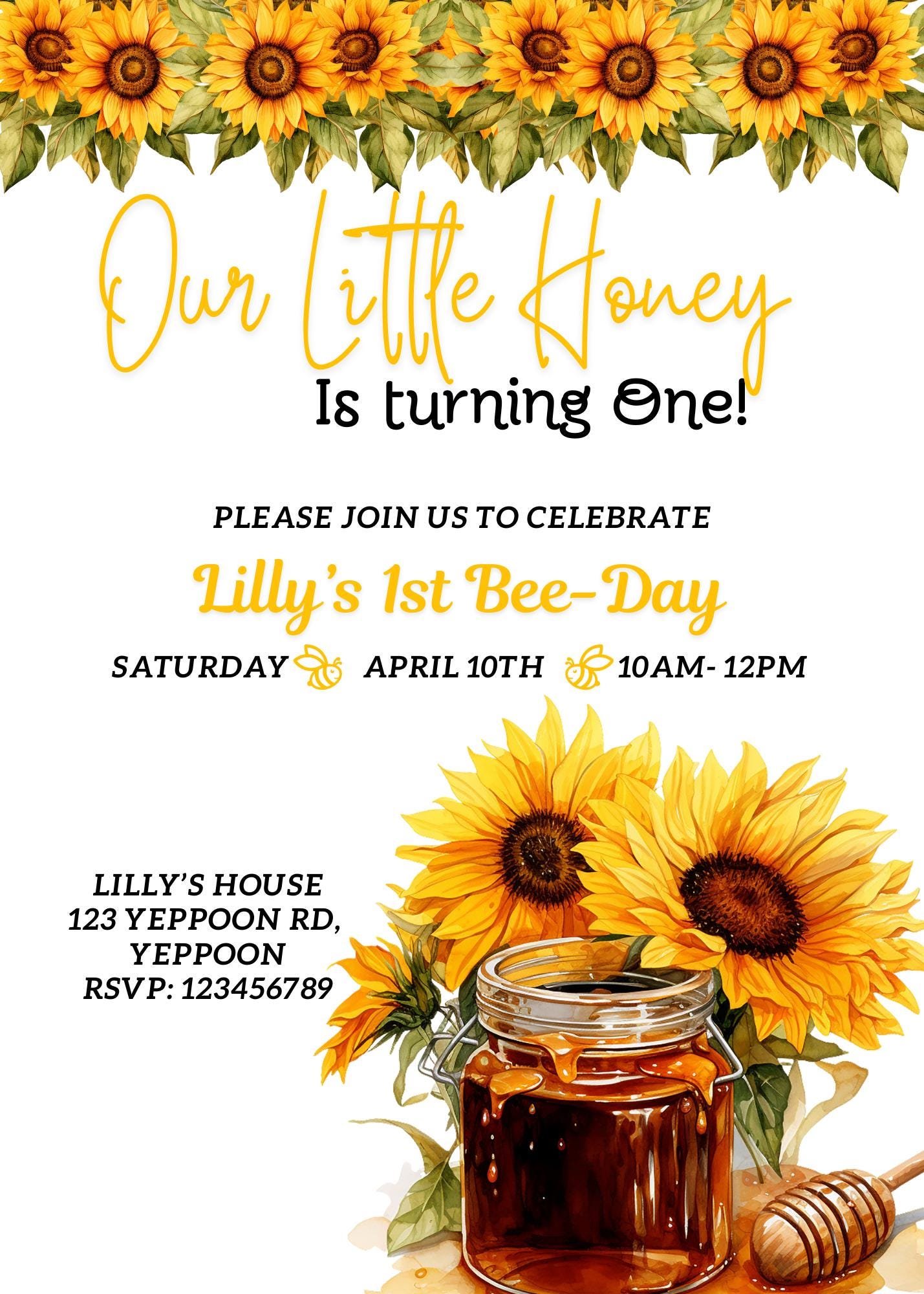 EDITABLE Sunflower Birthday Party Invitation Our Little Honey Sunflower ...