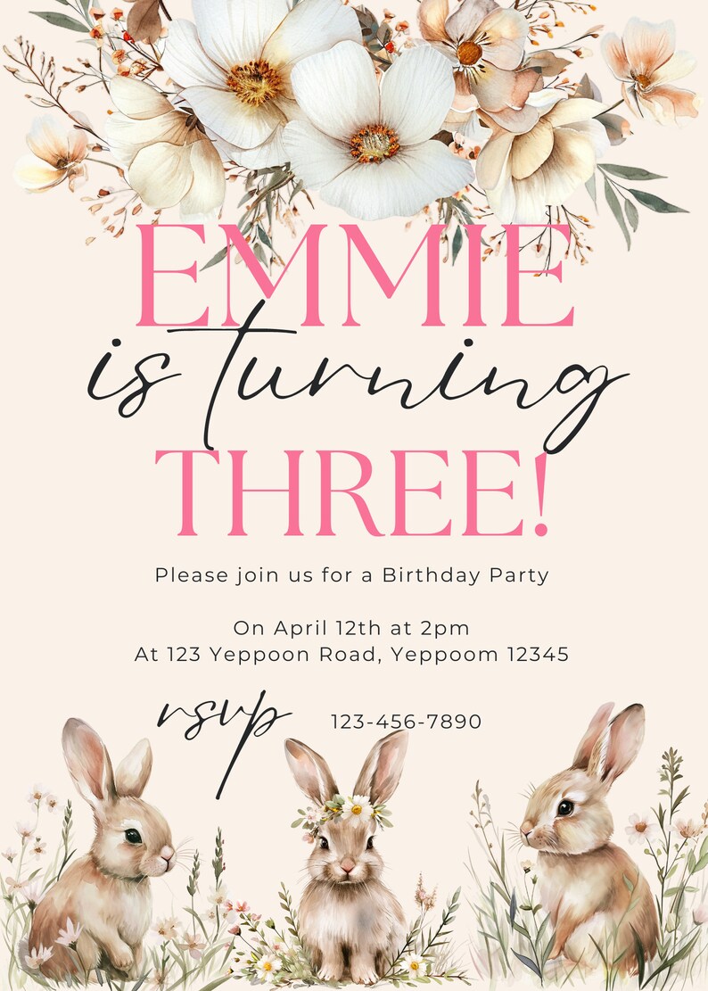 EDITABLE Bunny Birthday Party Invitation Cute Bunny Invite Some Bunny's ...