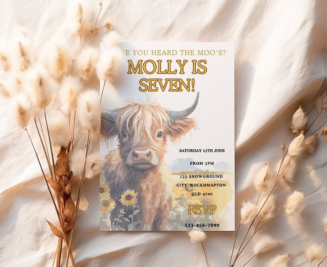 EDITABLE Highland Cow Birthday Party Invitation, Highland Cow and ...