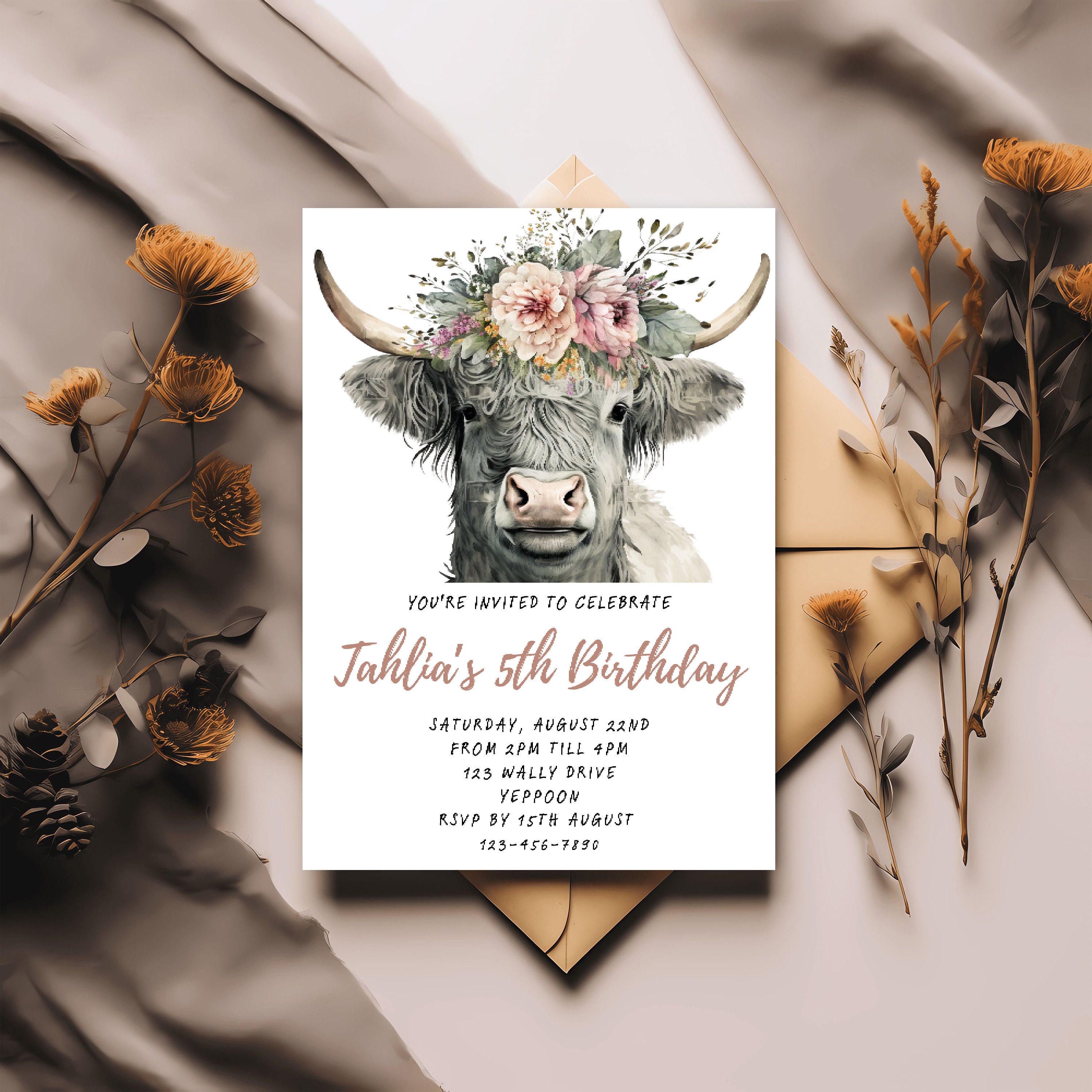 Editable Floral Highland Cow Birthday Invitation (digital Download) - Etsy