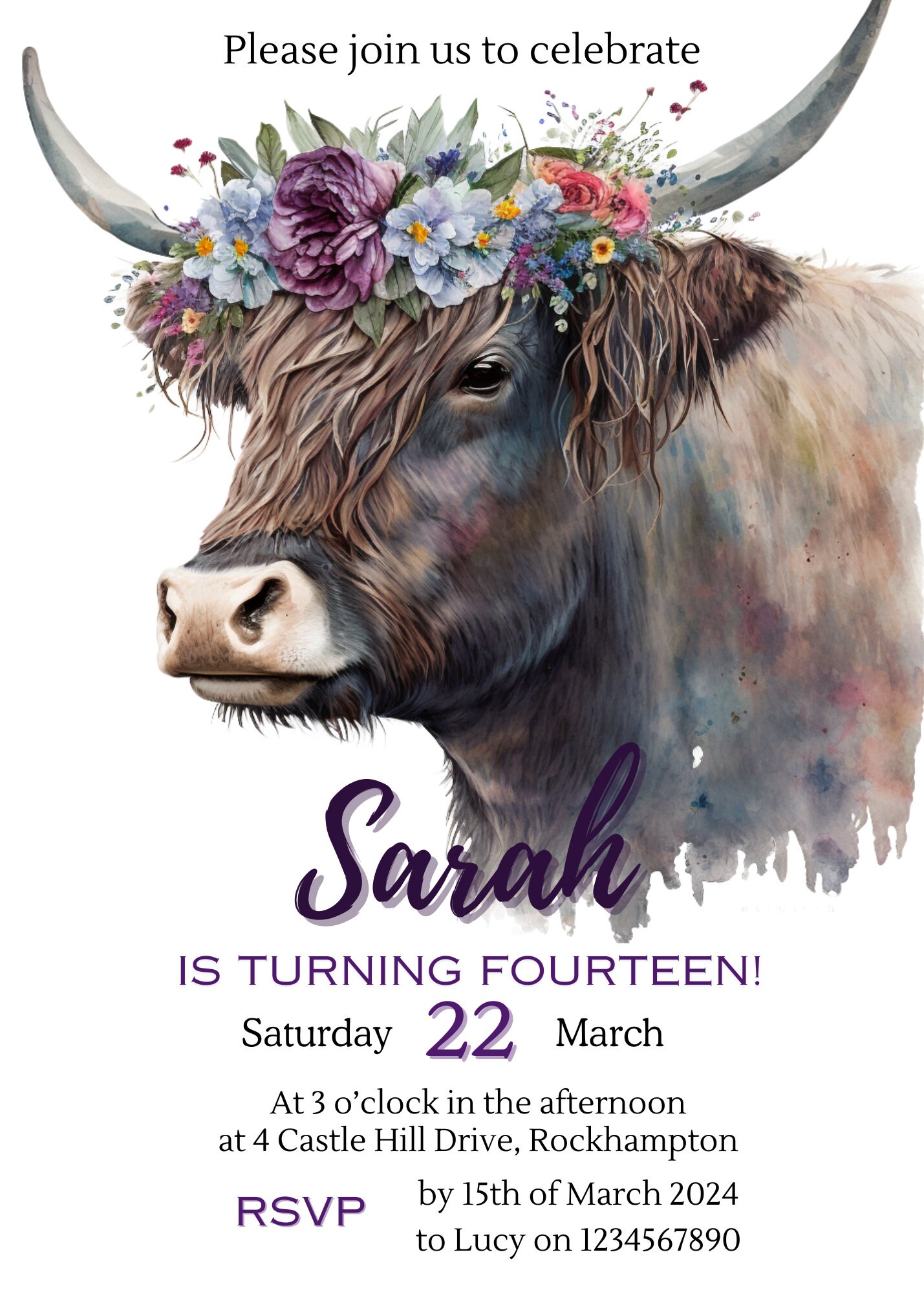 EDITABLE Highland Cow Birthday Party Invitation Highland Cow and Flower ...