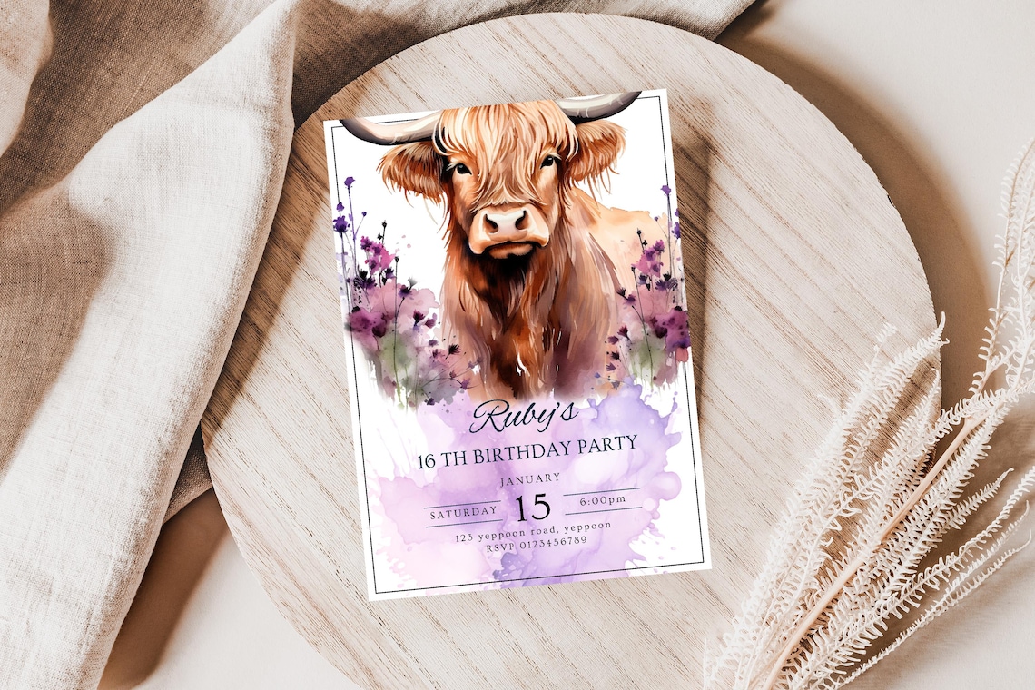 EDITABLE Highland Cow Birthday Party Invitation, Highland Cow and ...