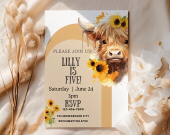 EDITABLE Highland Cow Birthday Party Invitation, Highland Cow and ...