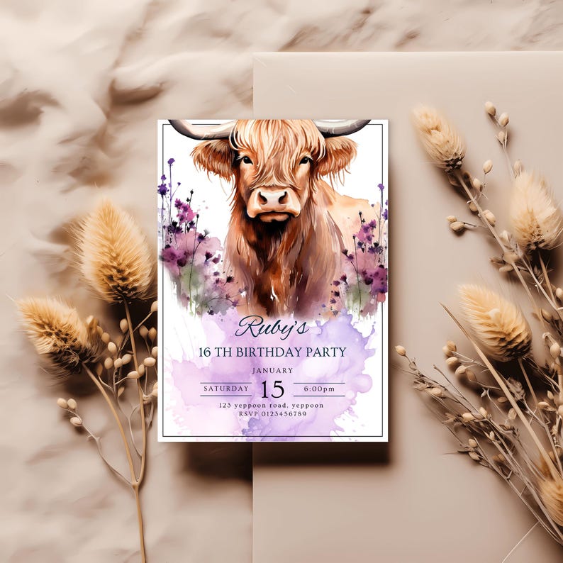 EDITABLE Highland Cow Birthday Party Invitation, Highland Cow and ...