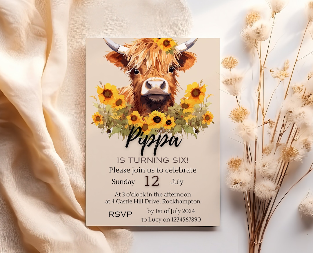 EDITABLE Highland Cow Birthday Party Invitation, Highland Cow and ...