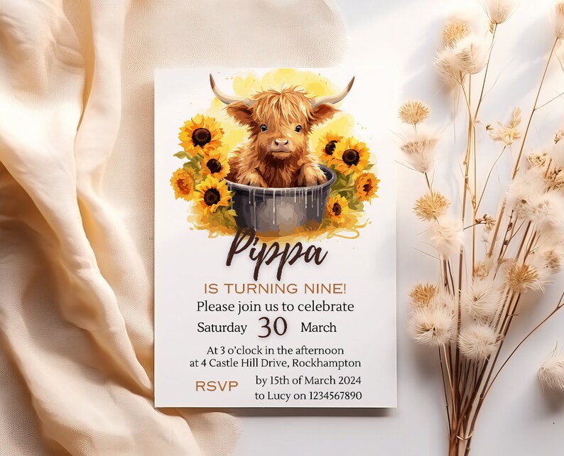 EDITABLE Highland Cow Birthday Party Invitation, Highland Cow and ...