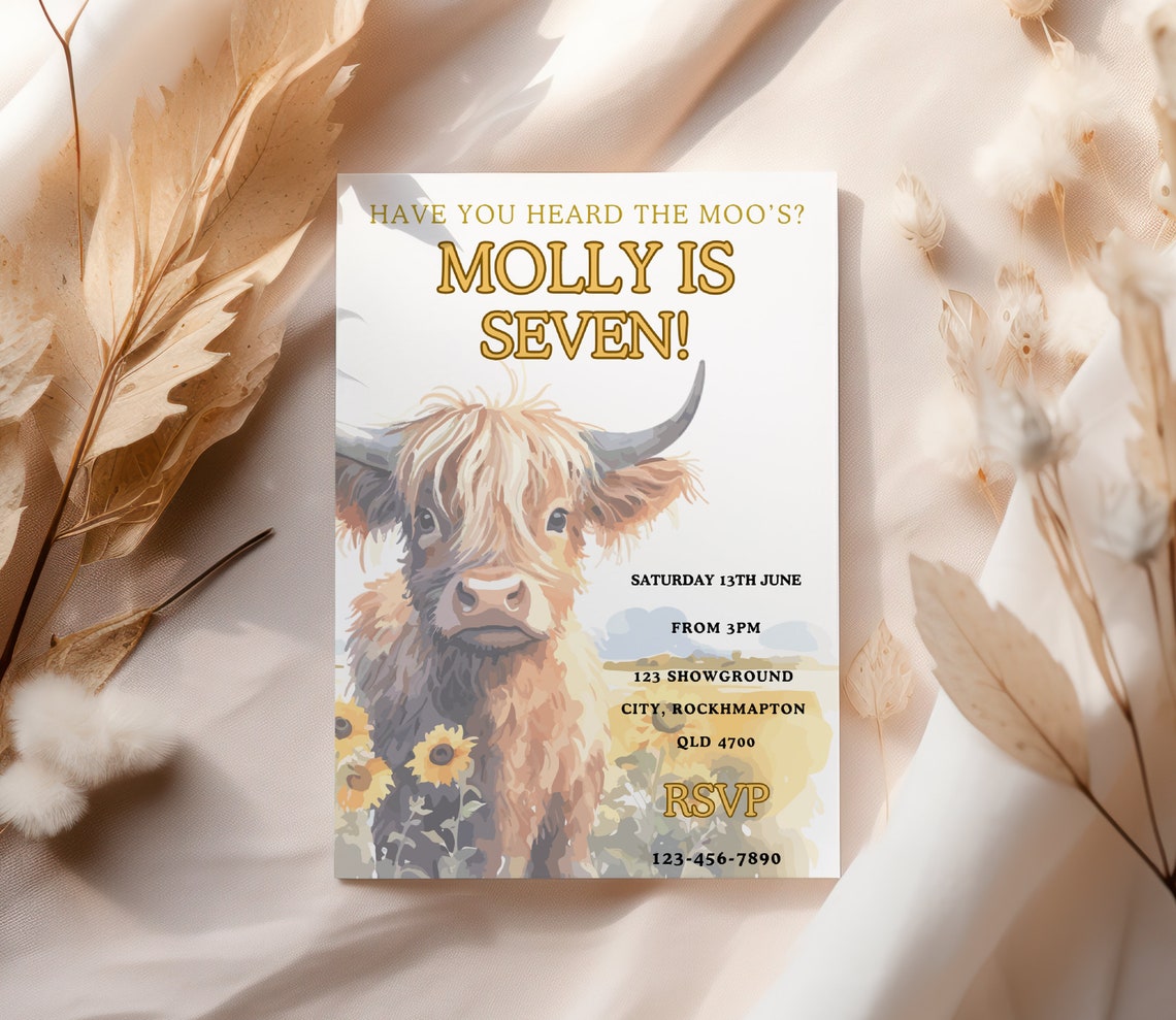 EDITABLE Highland Cow Birthday Party Invitation, Highland Cow and ...
