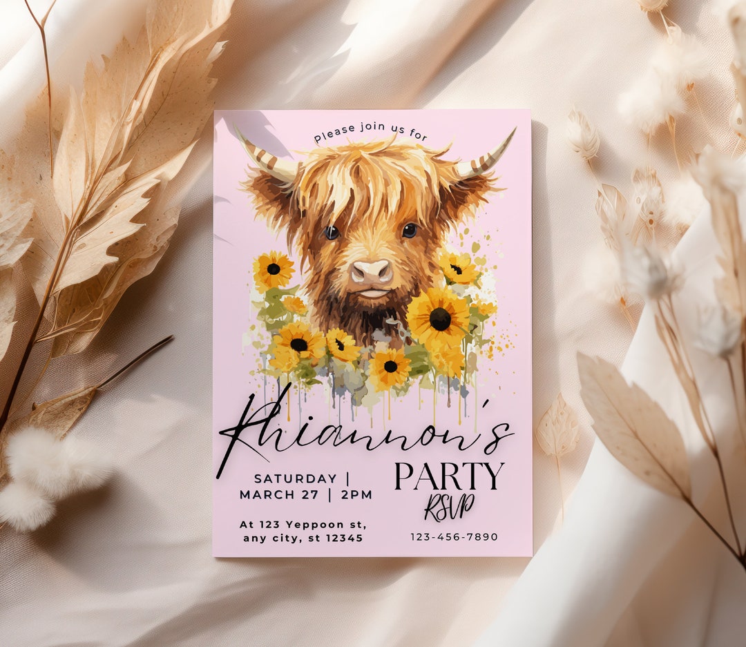 EDITABLE Highland Cow Birthday Party Invitation Highland Cow and ...