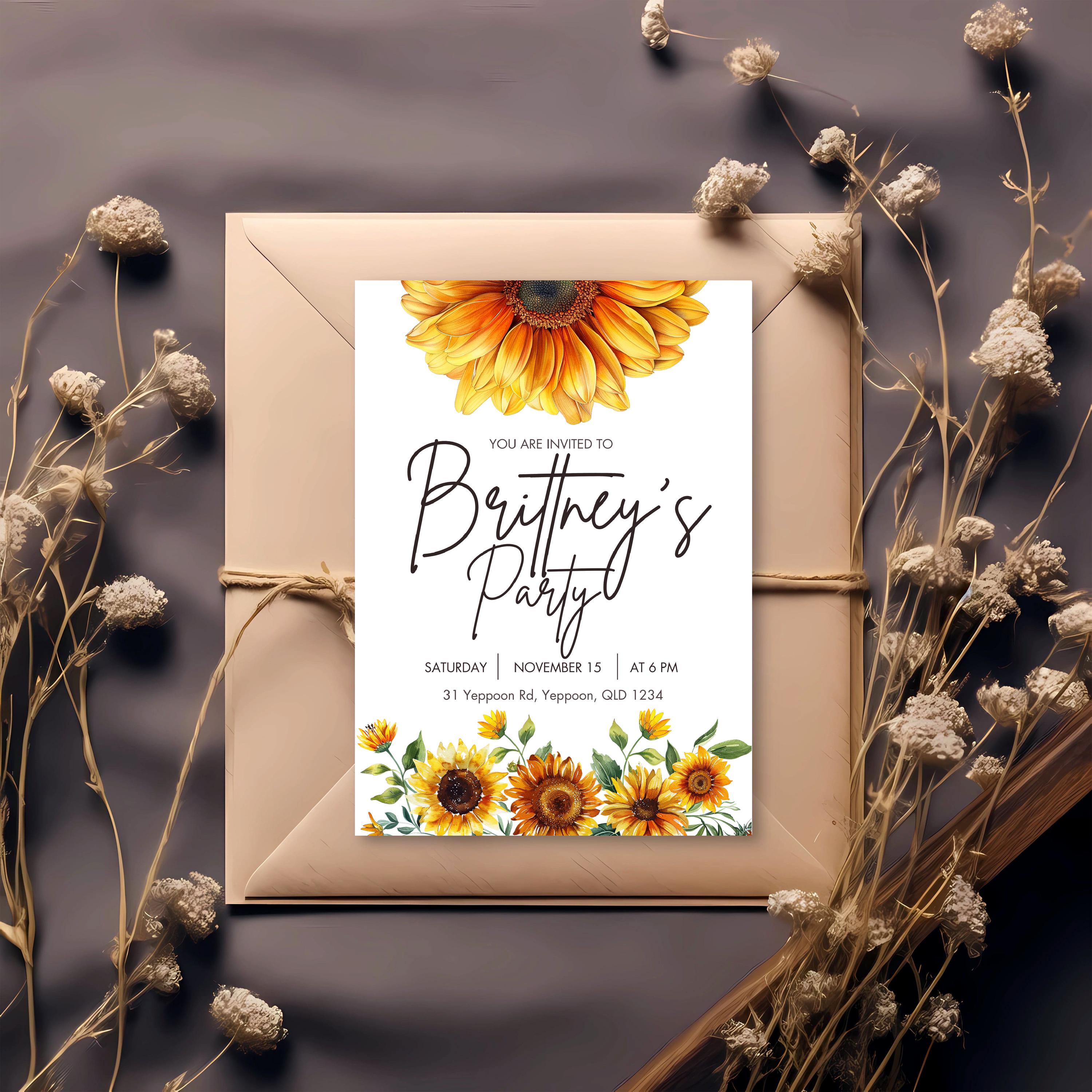Sunflower Birthday Party Invitation, Yellow Floral, Editable (digital ...