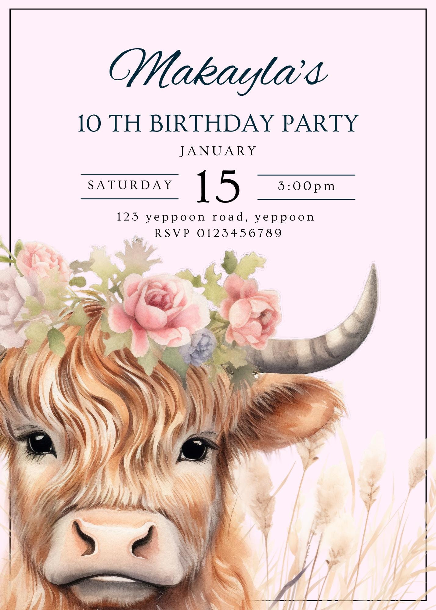 Editable Highland Cow Birthday Invitation, Pink Flowers (digital ...