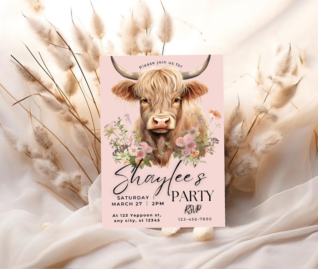 Highland Cow Birthday Party Invitation, Highland Cow and Flower Party ...