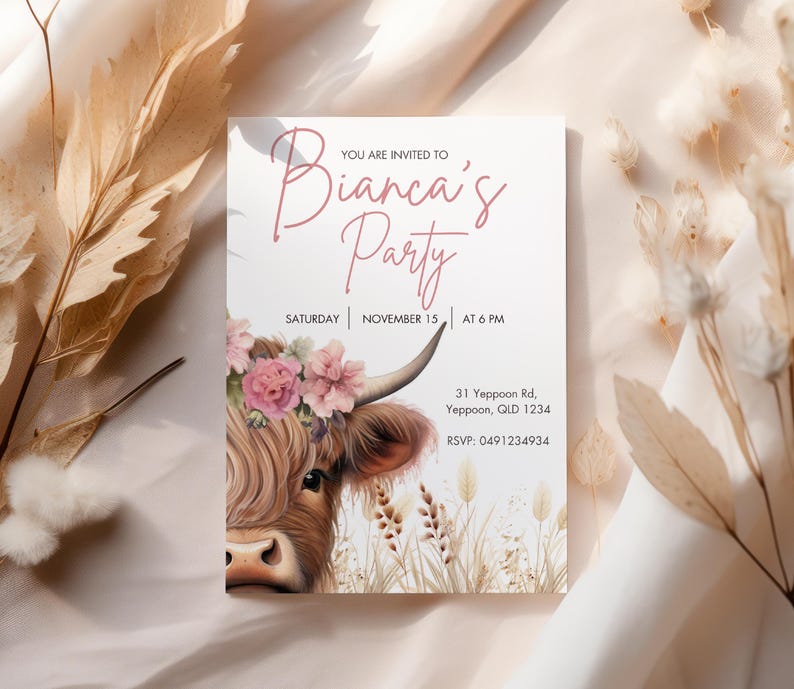 Highland Cow Birthday Invitation, Pink Floral, Editable (digital) - Etsy