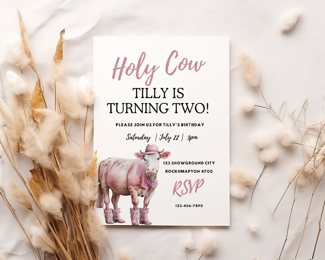 EDITABLE Cow Birthday Party Invitation, Pink Cow Party Printable, Cute ...