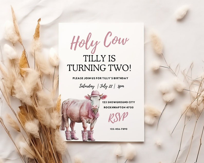EDITABLE Cow Birthday Party Invitation, Pink Cow Party Printable, Cute ...