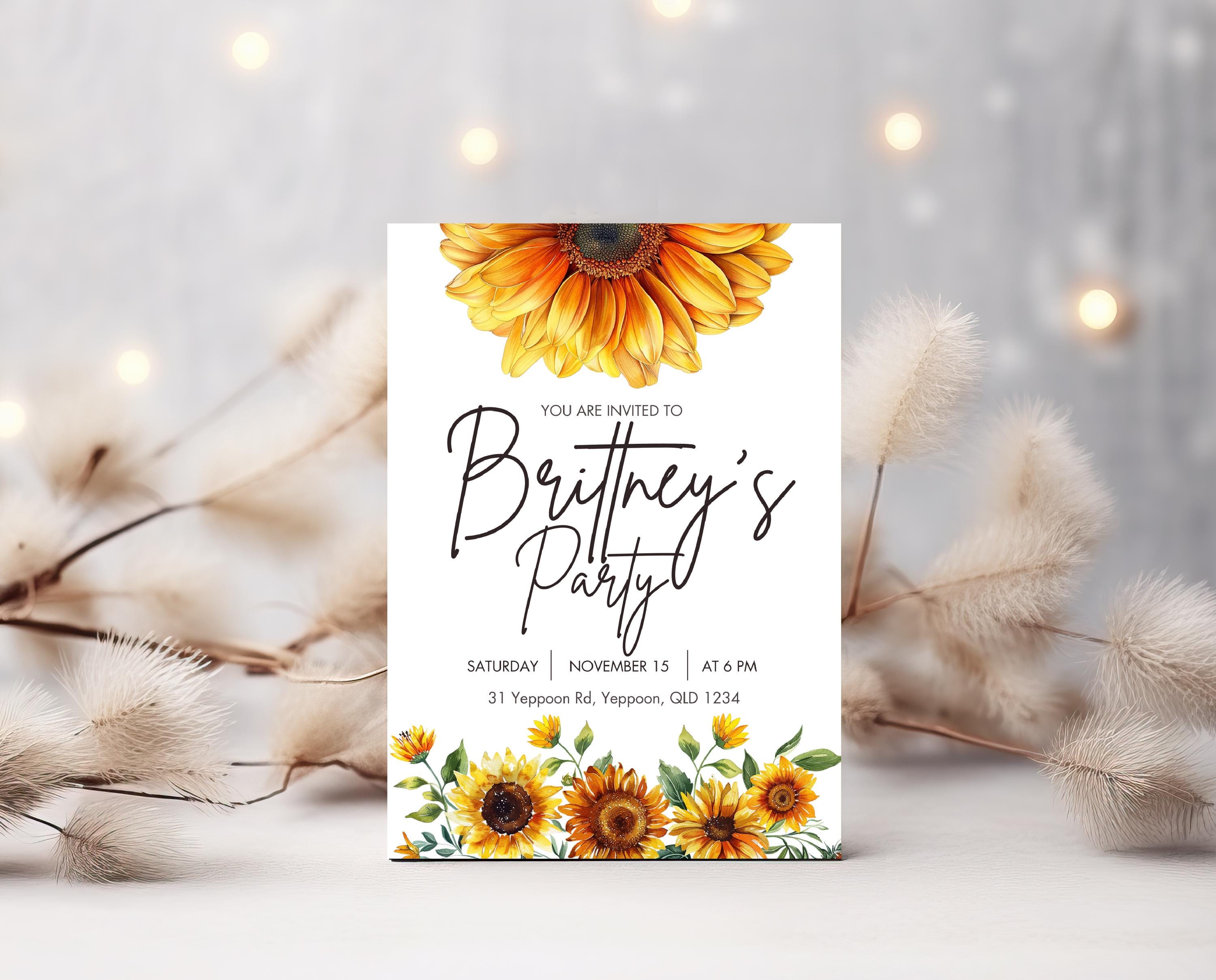Sunflower Birthday Party Invitation, Yellow Floral Party Printable ...