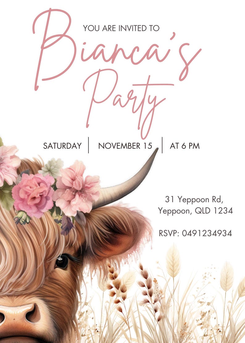 Highland Cow Birthday Invitation, Pink Floral, Editable (digital) - Etsy