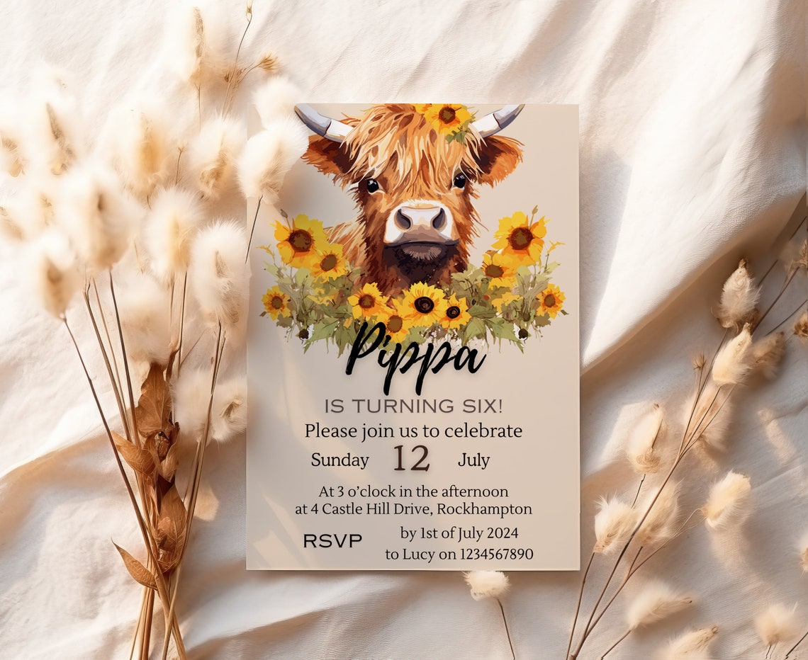 EDITABLE Highland Cow Birthday Party Invitation, Highland Cow and ...
