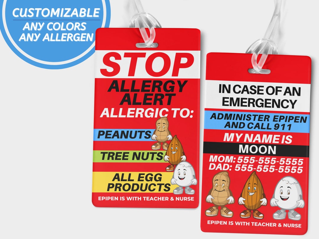 Personalized Food Allergy Tag Emergency Medical Contact Card Allergen ...