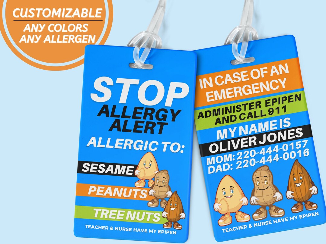 Custom Food Allergy Tag Emergency Medical Contact Card Food Allergen ...