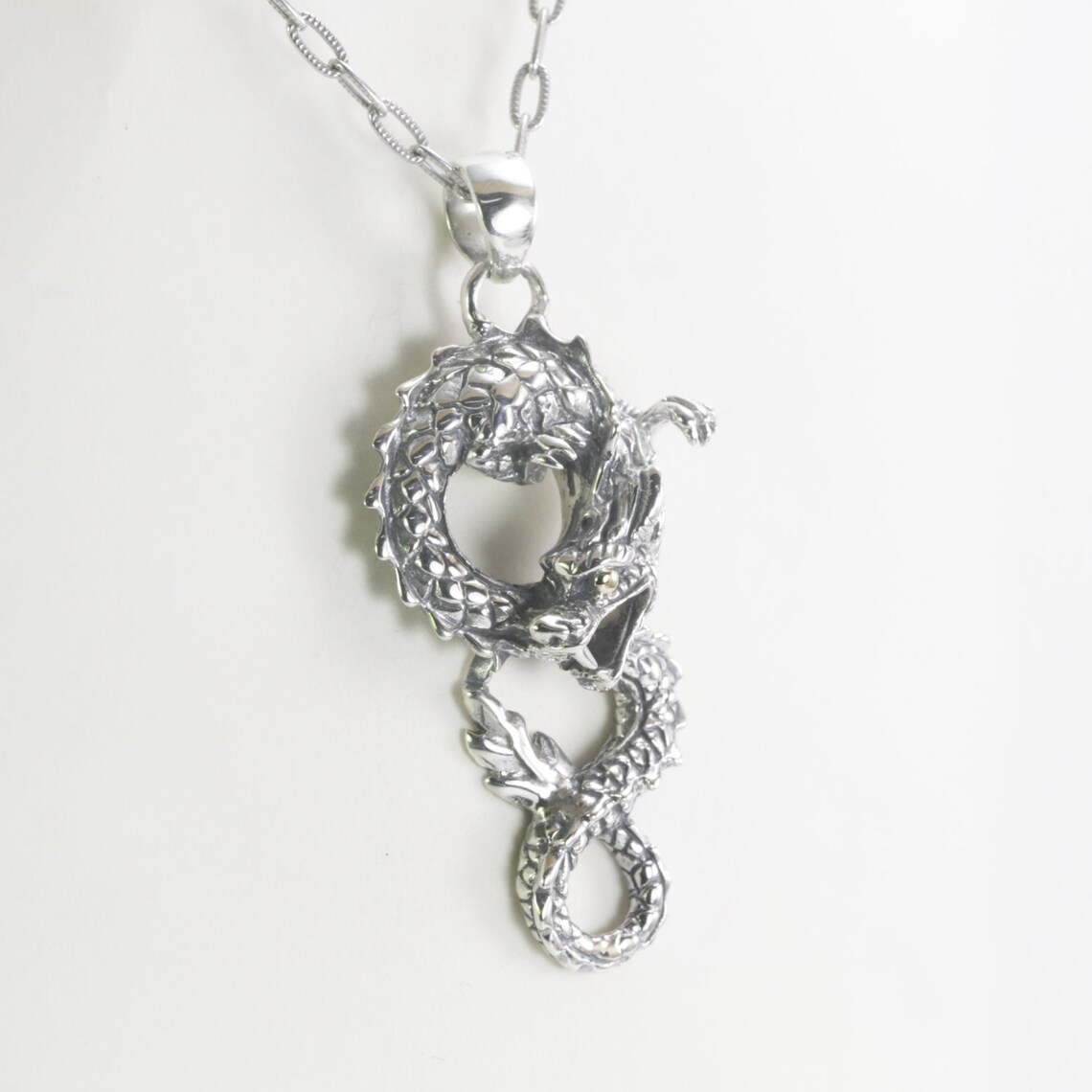 Realistic 925 Sterling Silver Dragon Necklace Pendant Decorated With ...