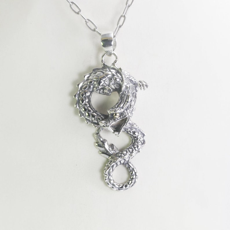 Realistic 925 Sterling Silver Dragon Necklace Pendant Decorated With ...