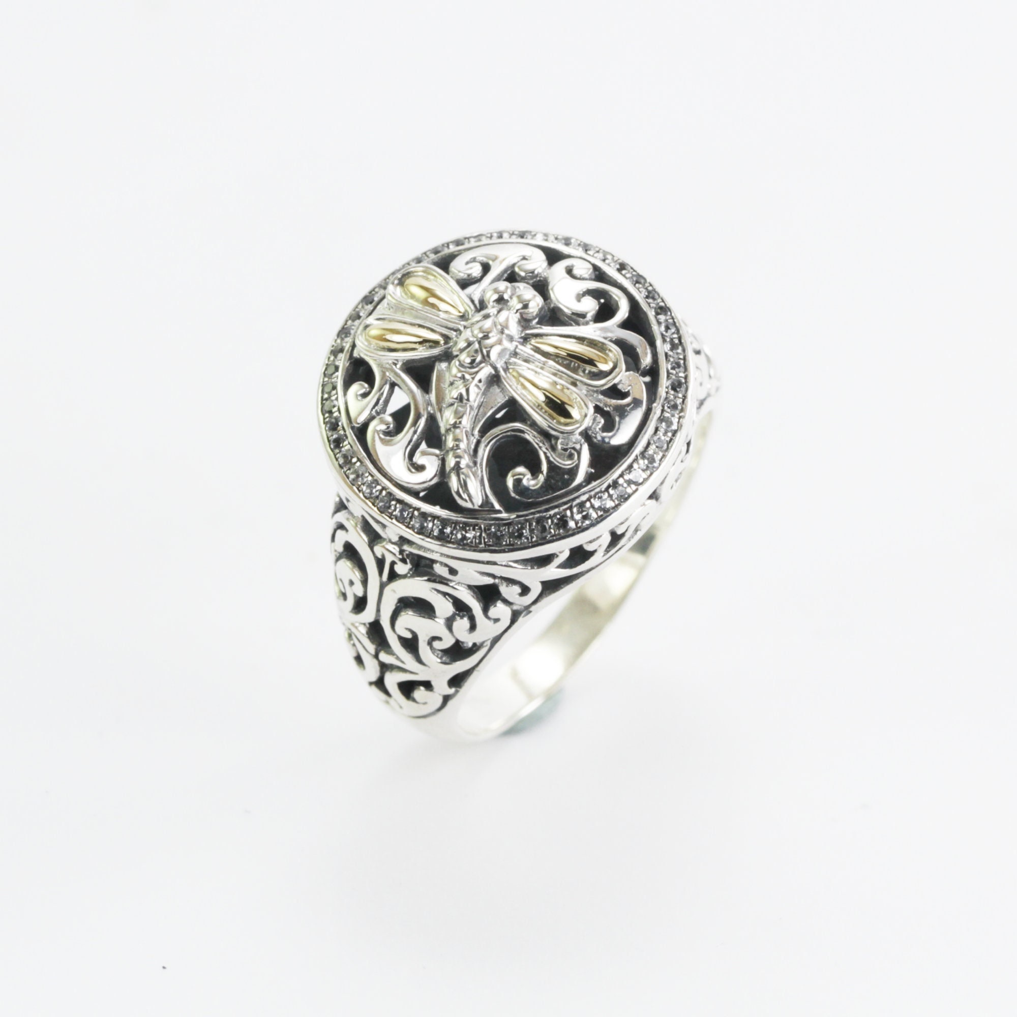 Dragonfly Ring 925 Sterling Silver Decorated With 18K Gold and Genuine ...