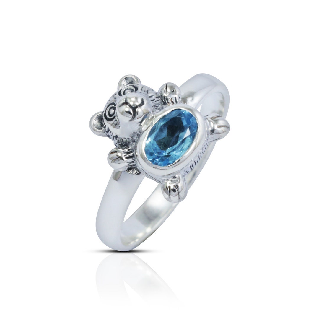 Teddy Bear Ring 925 Sterling Silver With Genuine Blue Topaz - Etsy