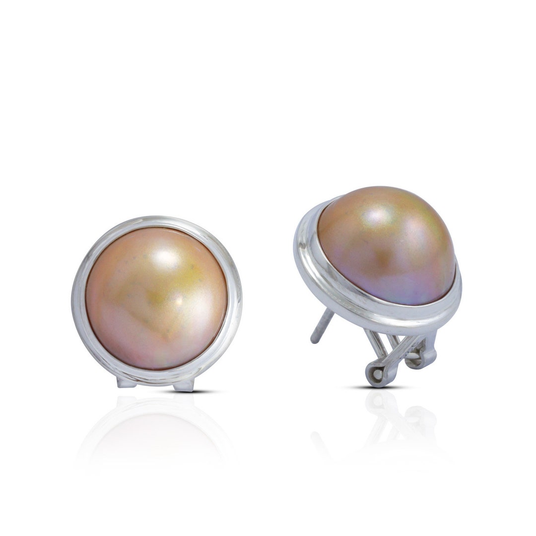 Mabe Pearl Earring With Omega Closure Set in Double Bezel 925 Sterling ...
