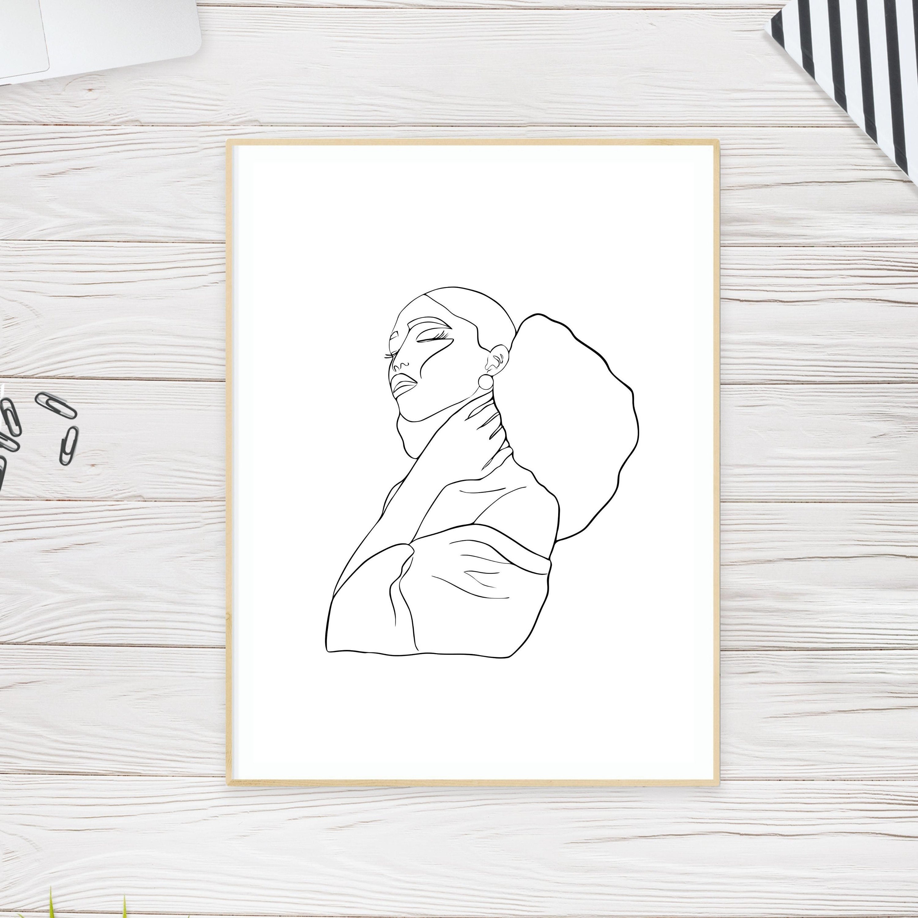 Minimalist Black Woman Line Art Portrait, Modern Print (digital ...