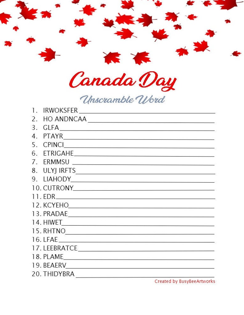 Canada Day, Scramble Word, Word Game, Kids Game, Office Game, Holiday ...