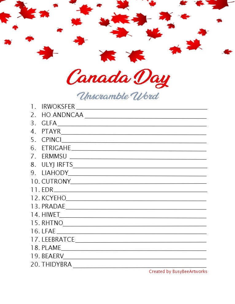 Canada Day, Scramble Word, Word Game, Kids Game, Office Game, Holiday ...