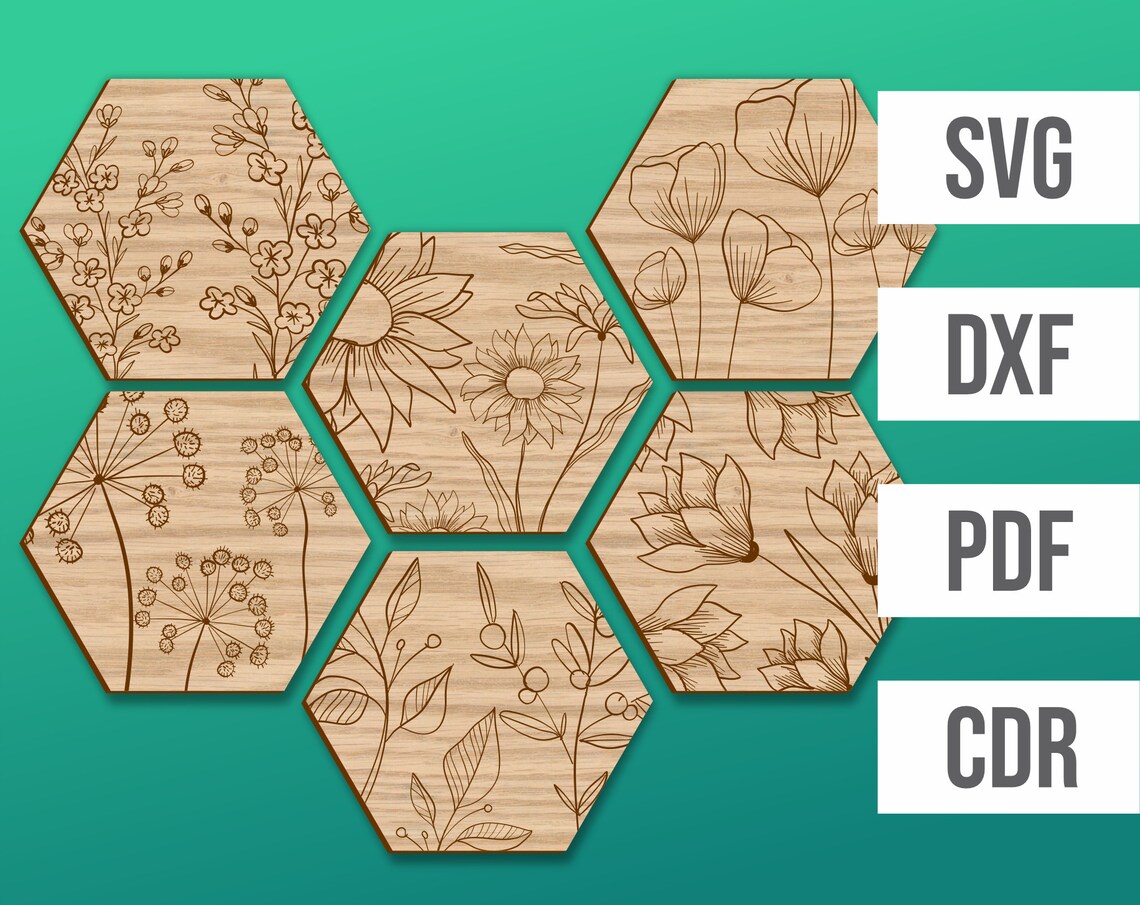 Laser Cut Digital File Set of 6 Hexagon Floral Pattern - Etsy