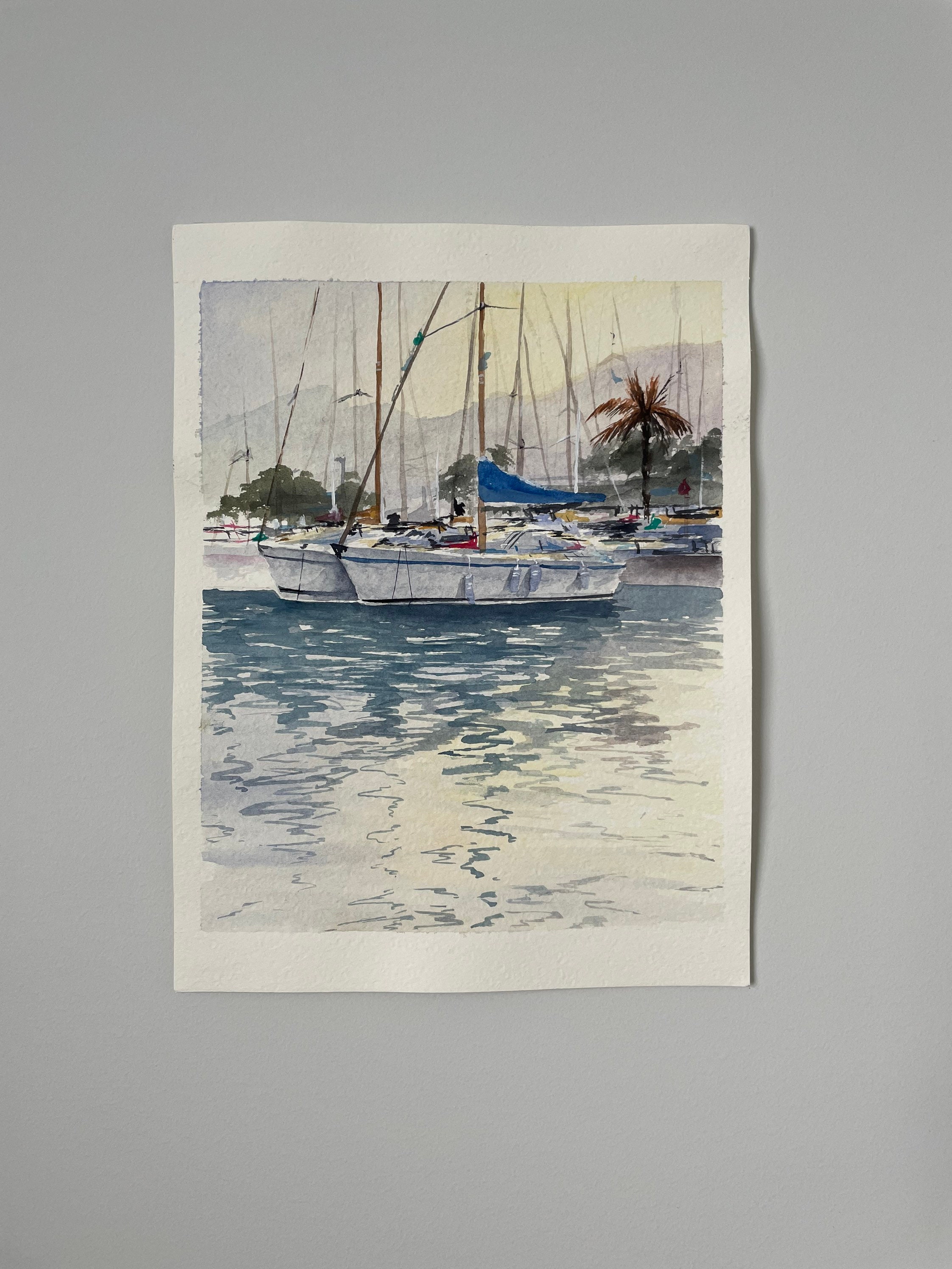 SUNSET HARBOR - Original Watercolour Painting, Ship Sketch, Seascape ...