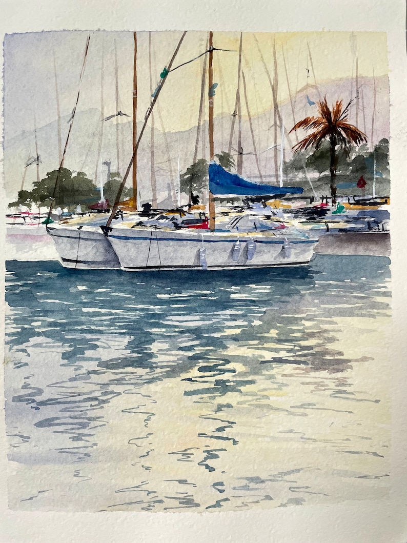 SUNSET HARBOR - Original Watercolour Painting, Ship Sketch, Seascape ...