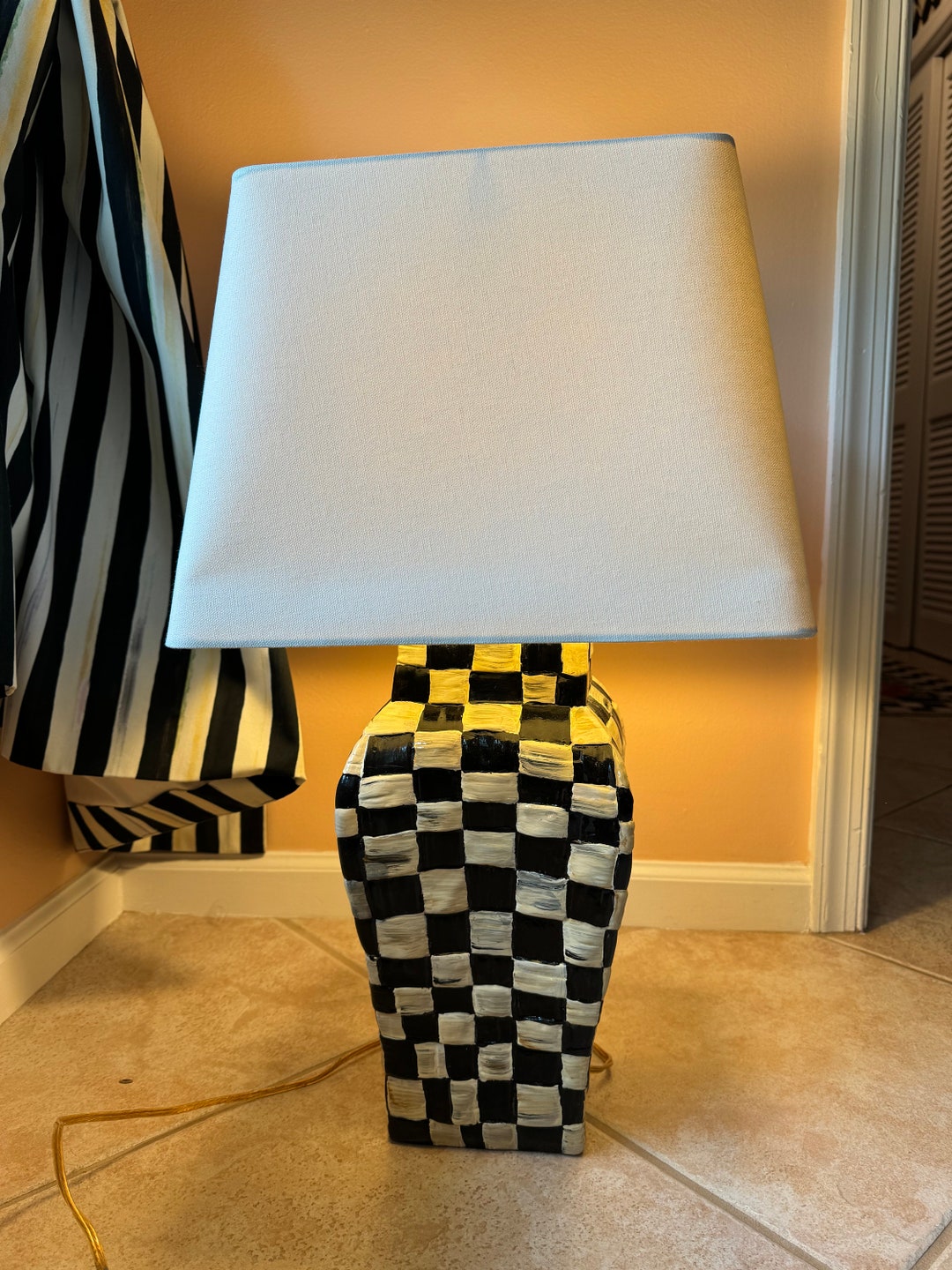 Hand Painted Designer Inspired Black and White Checkered Lamp - Etsy