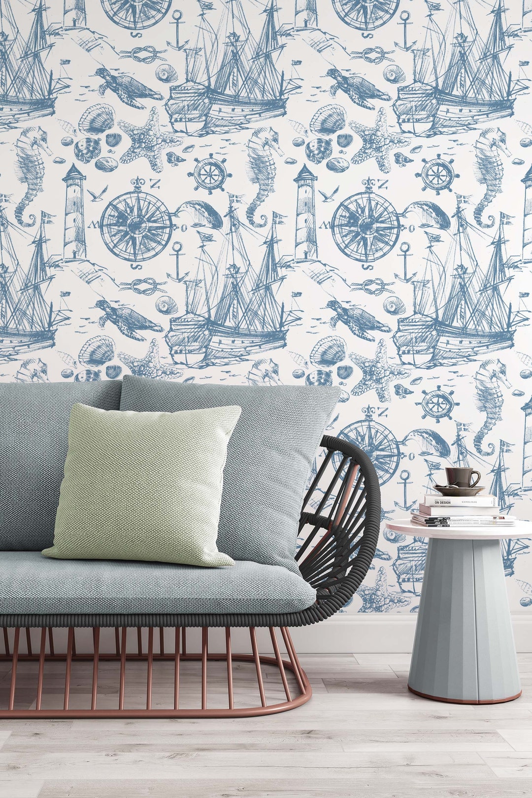 Ocean Waves, Ship, Sea Life - Removable Self Adhesive Pattern Wallpaper ...
