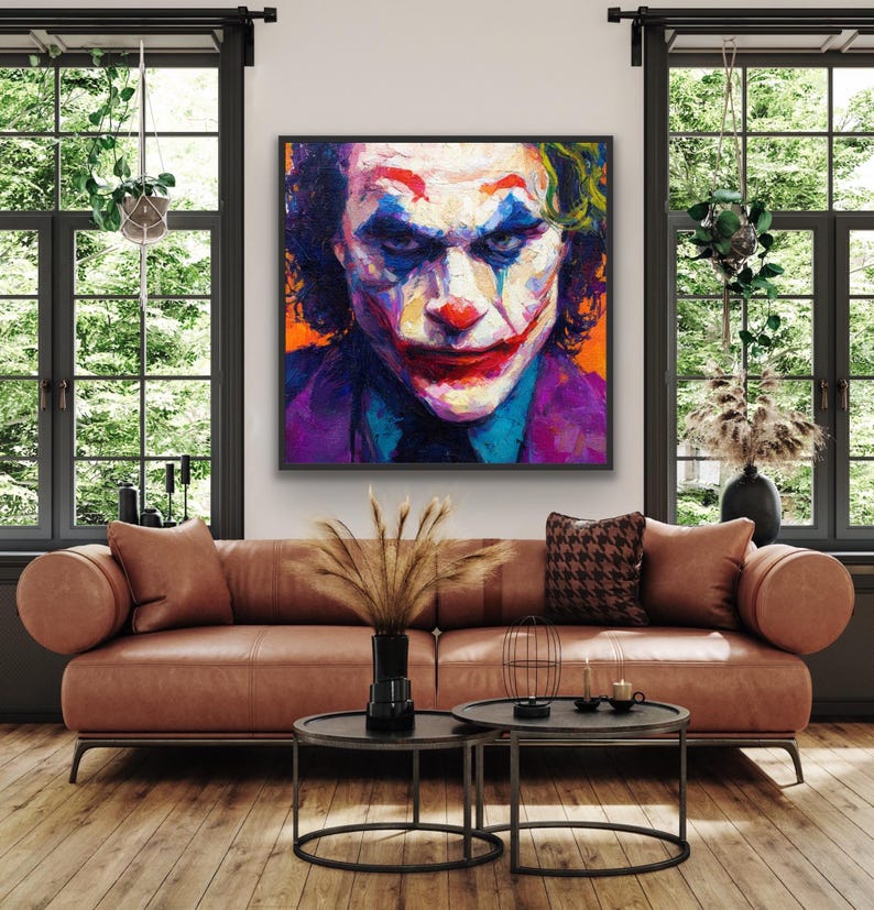 Joker Oil Painting: Dramatic Half-face Portrait, Red Background (40x36 ...
