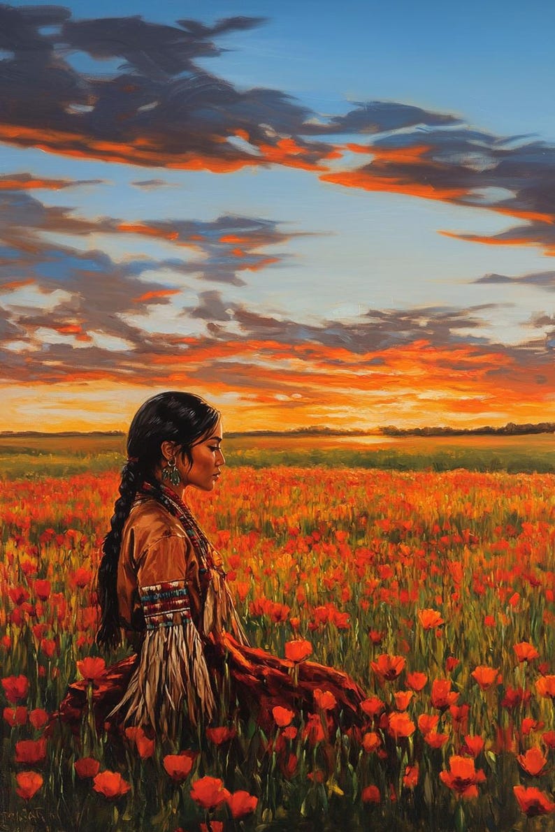 Native American Woman Oil Painting: Sunset Poppy Field, Western Art ...