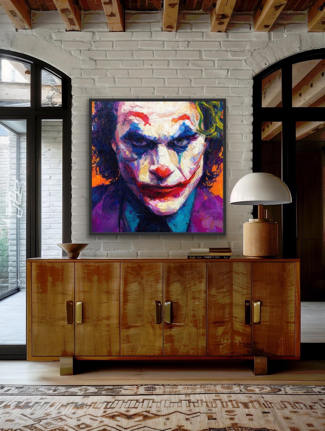 Joker Oil Painting: Dramatic Half-face Portrait, Red Background (40x36 ...