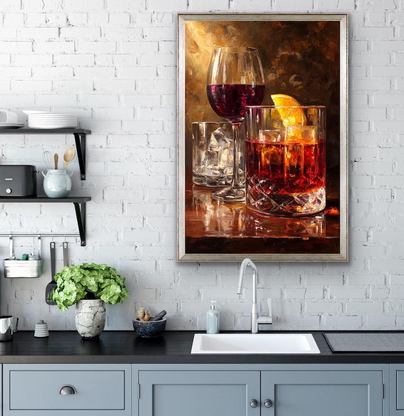 Original Oil Painting: Negroni Cocktail & Red Wine Still Life - Bar Art ...