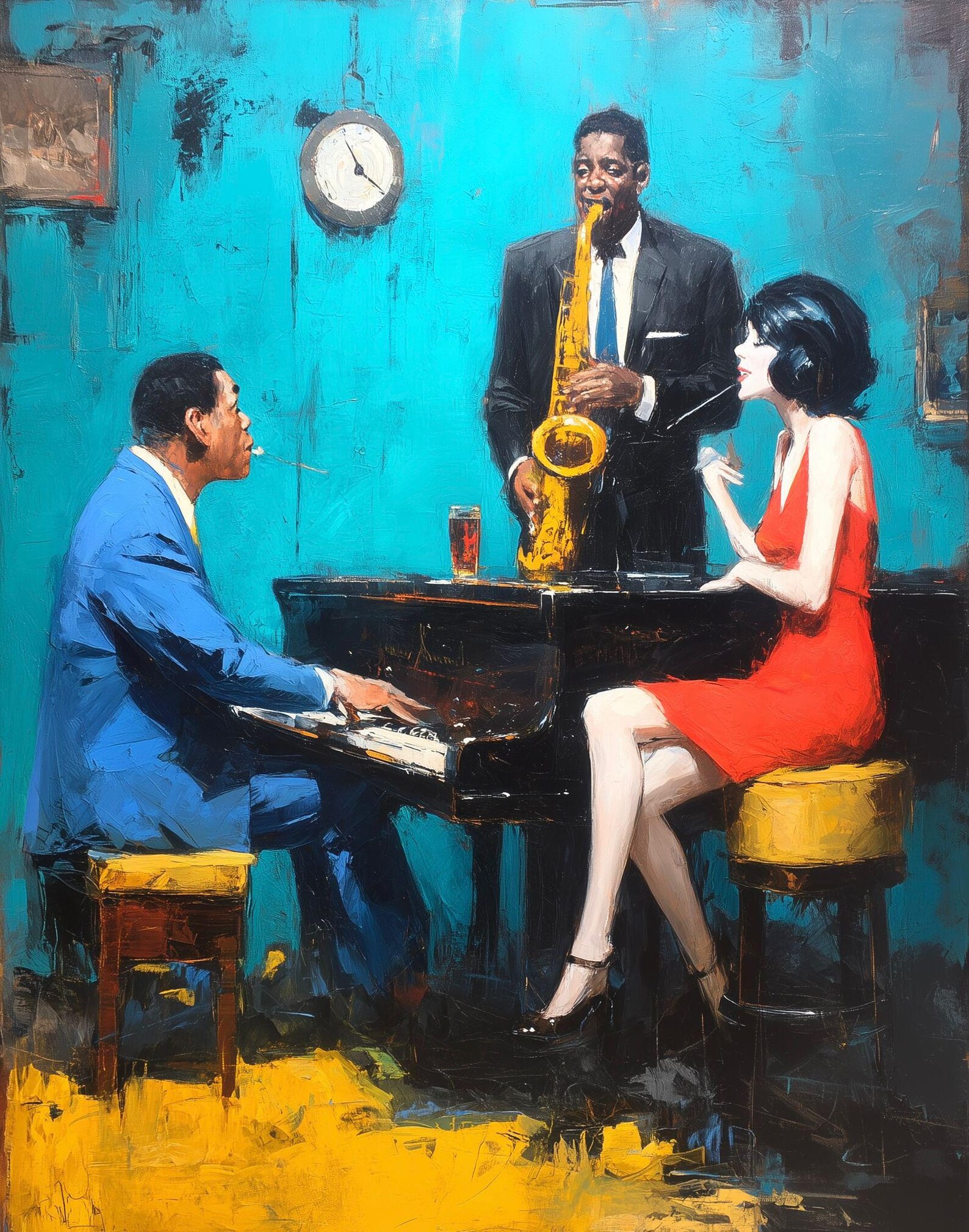 Original Jazz Band Oil Painting – Musicians at Piano and Saxophone ...