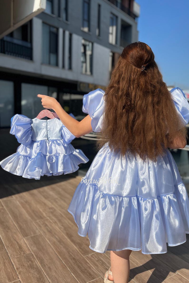 Elsa Mother Daughter Costume Organza Evening Dresses Mini Puffy Blue ...