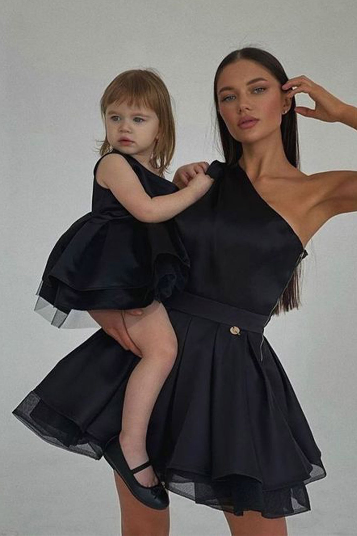 Mother Daughter Black Satin Dress One Shoulder Fluffy Tulle Mommy and ...