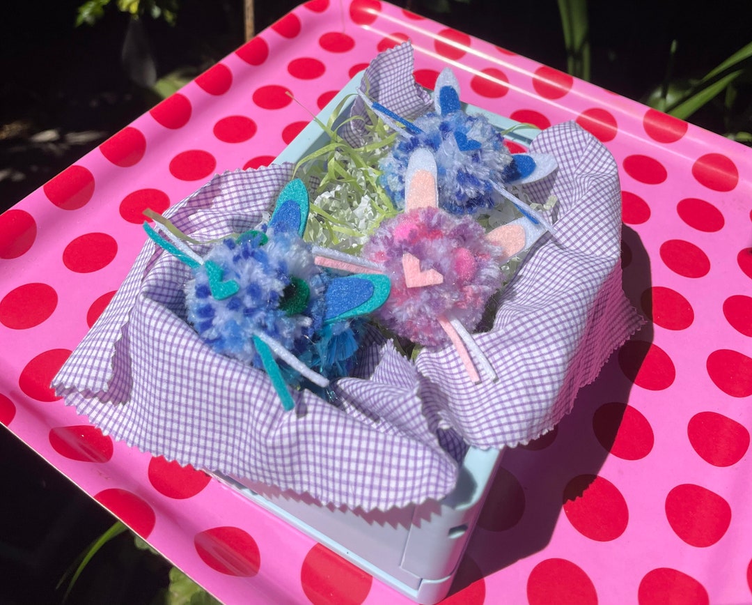 Three Mini Baby Easter Bunnies Hand Made Pom Pom Toys! Pink, Blue and ...