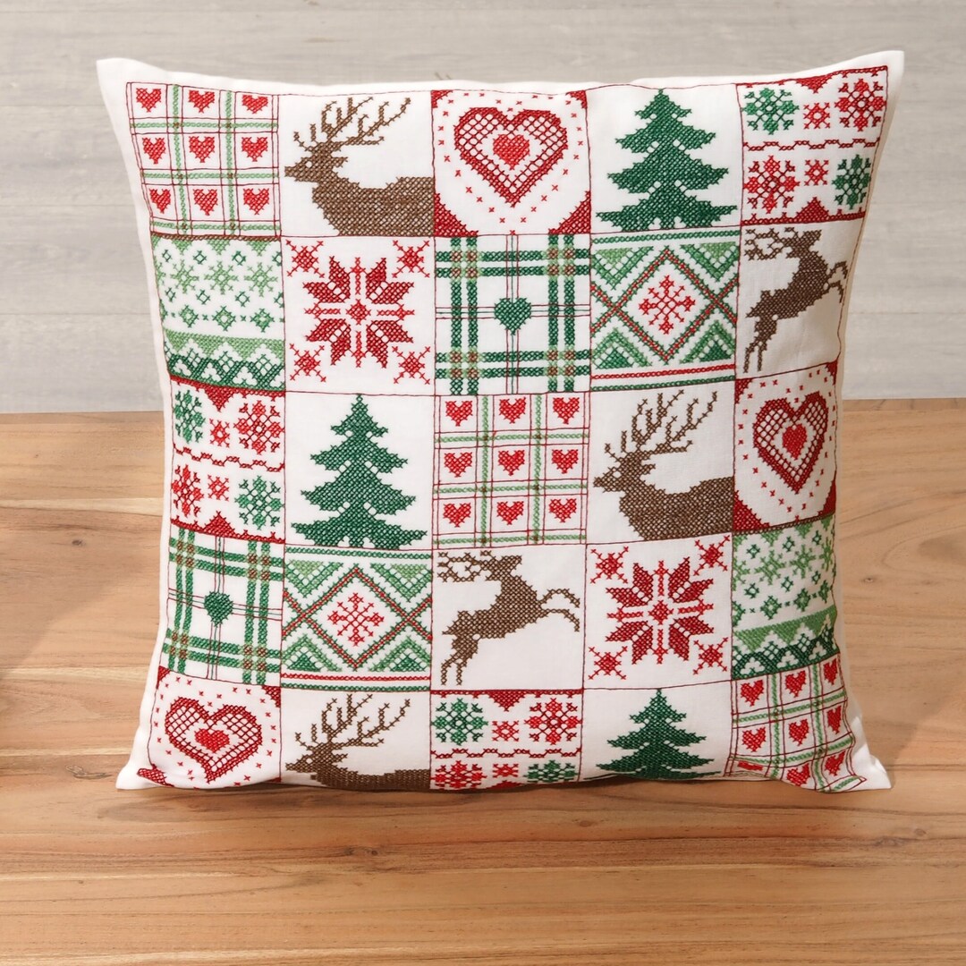 Christmas Stamped Cross Stitch Patch Linen Pillow Case Kit, DIY Unique ...