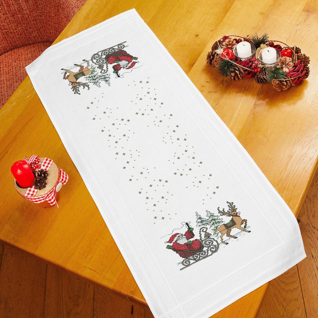 Santa Stamped Cross Stitch Pattern and Complete DIY Kit, Winter Table ...