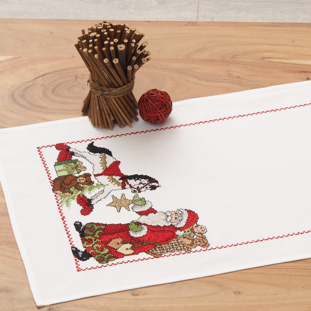 Santa With Presents Stamped Cross Stitch DIY Kit, Winter Table Runner ...