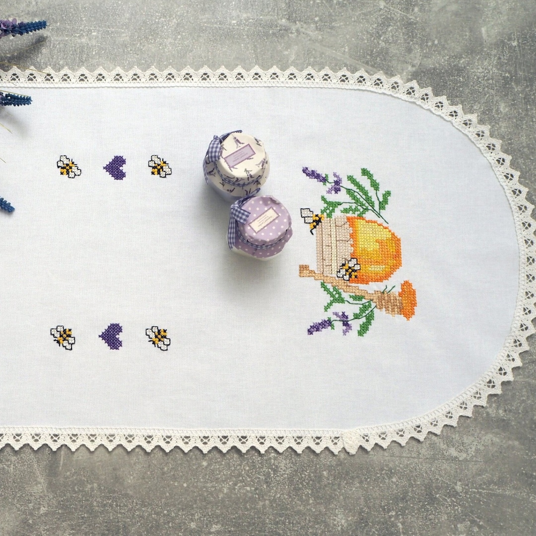 Honey Lavender Cross Stitch Table Runner Kit, DIY Round Table Topper ...